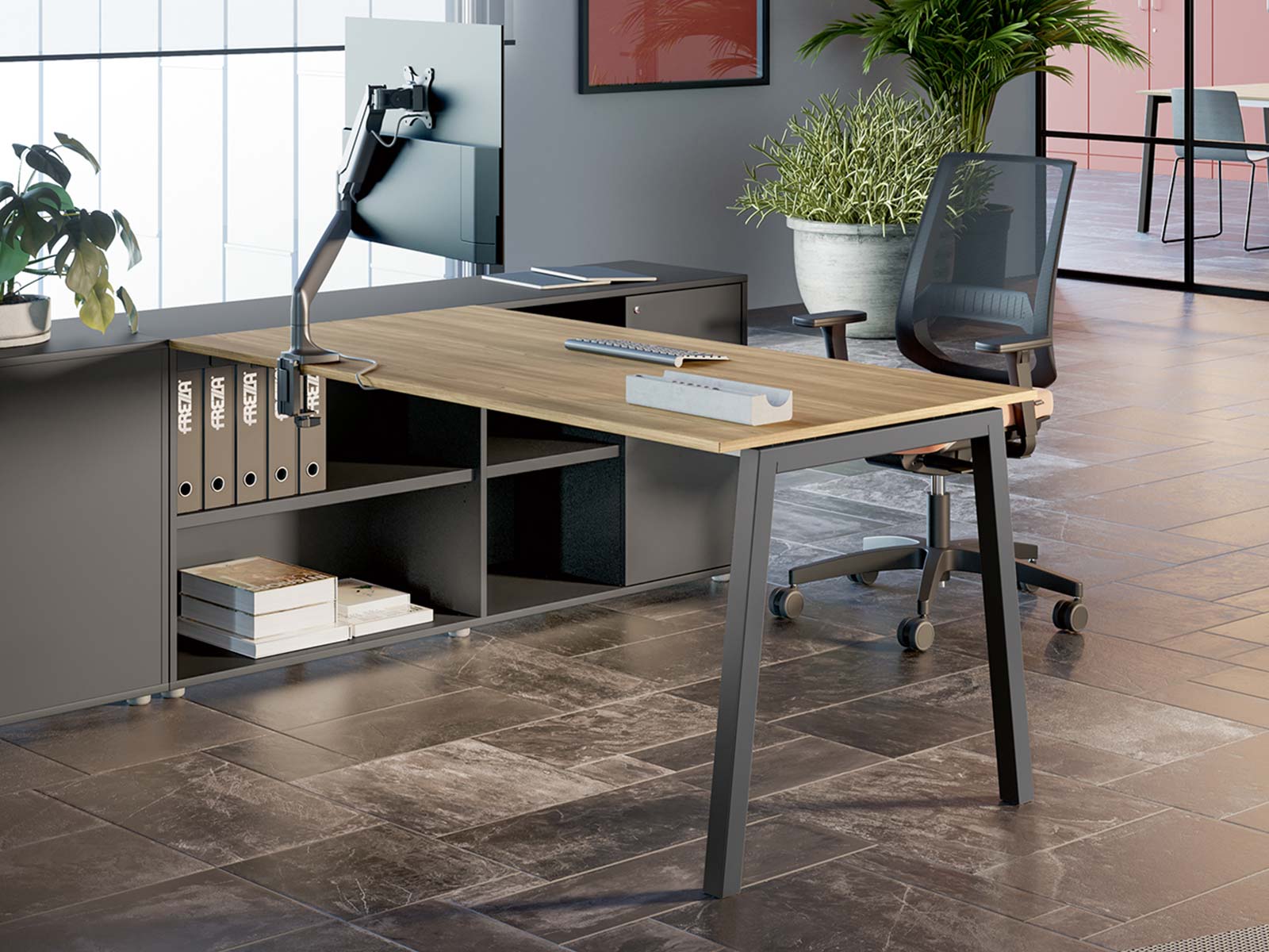 Bureau individuel Pop Ace sur armoire H74 | bureau avec rangement bois noir